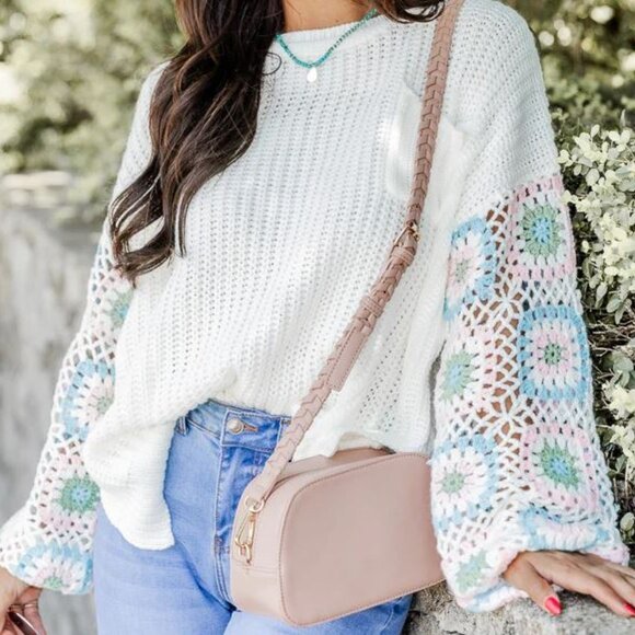 Pink Lily | Sweaters | Pink Lily Ivory Multi Crochet Sleeve Sweater ...